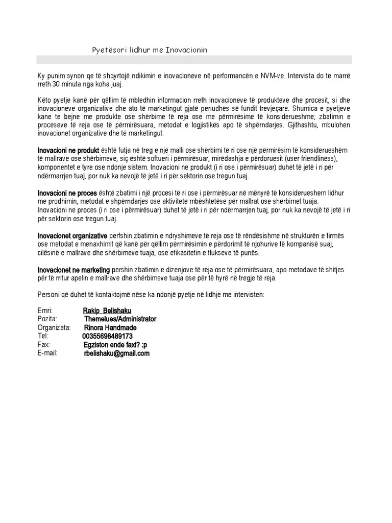 Pyetesor Per Inovacione - U2 Rinora Handmade | PDF