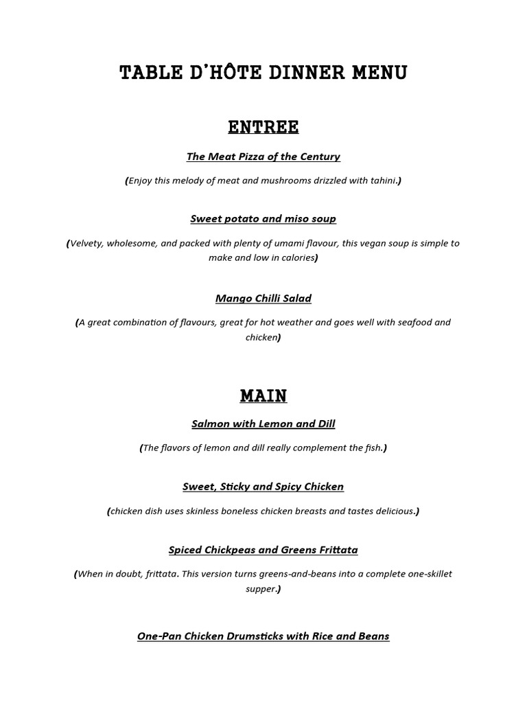 Table D'hôte Dinner | PDF | Cooking, Food & Wine