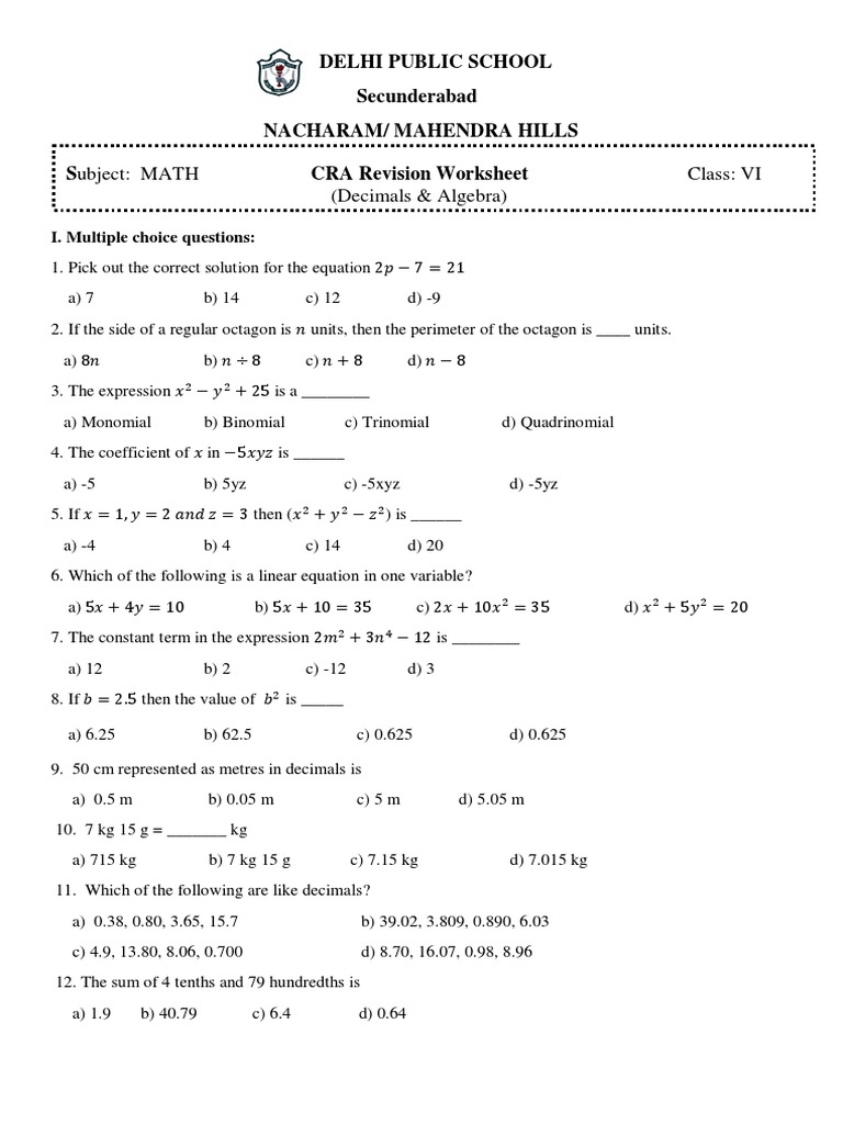 Class 6 Math CRA Revision Worksheet | PDF | Rupee | Equations