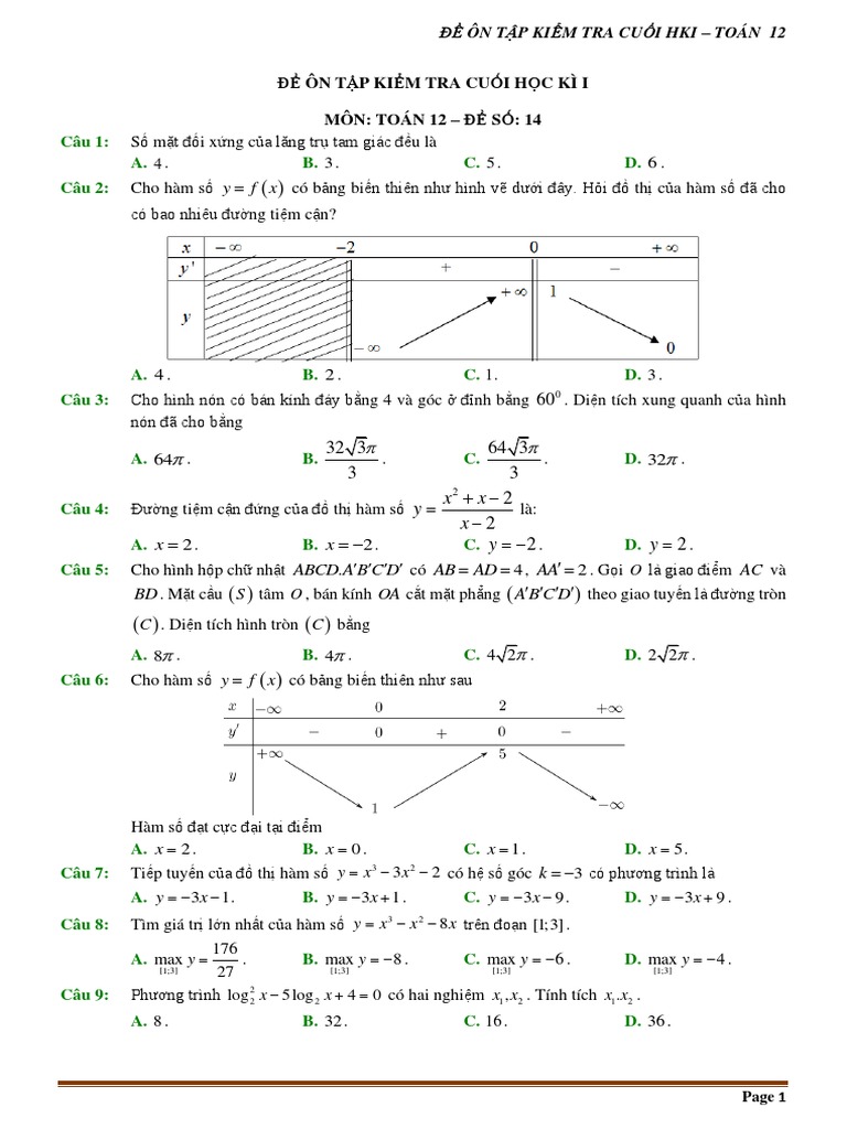 12 de On Tap Kiem Tra Cuoi Hoc Ki 1 Mon Toan 12 100 Trac Nghiem | PDF