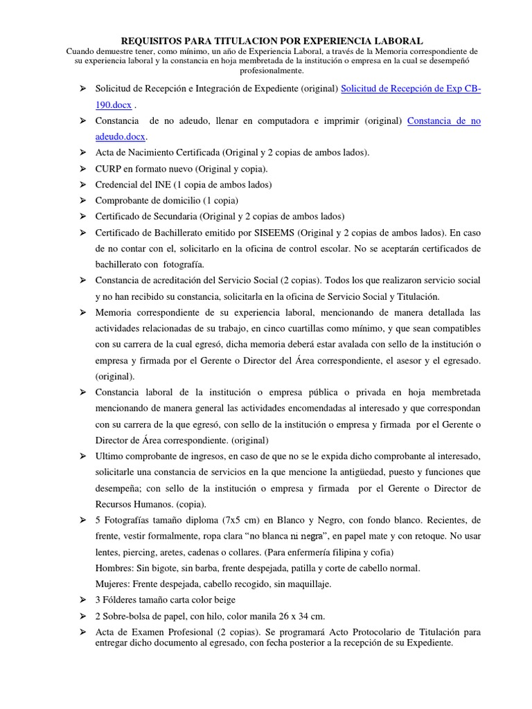 Requisitos para Titulación Por Experiencia Laboral | PDF