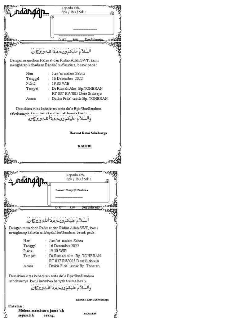 Undangan Dzikir Fida | PDF | Griya & Taman