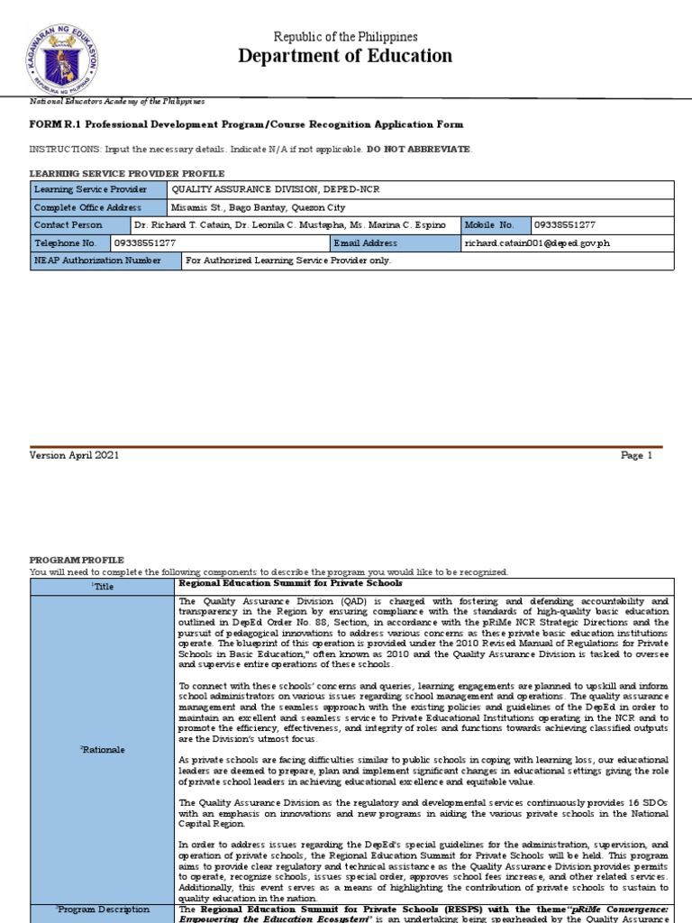 FORM R.1 Recognition Application Form | PDF | Leadership | Quality ...
