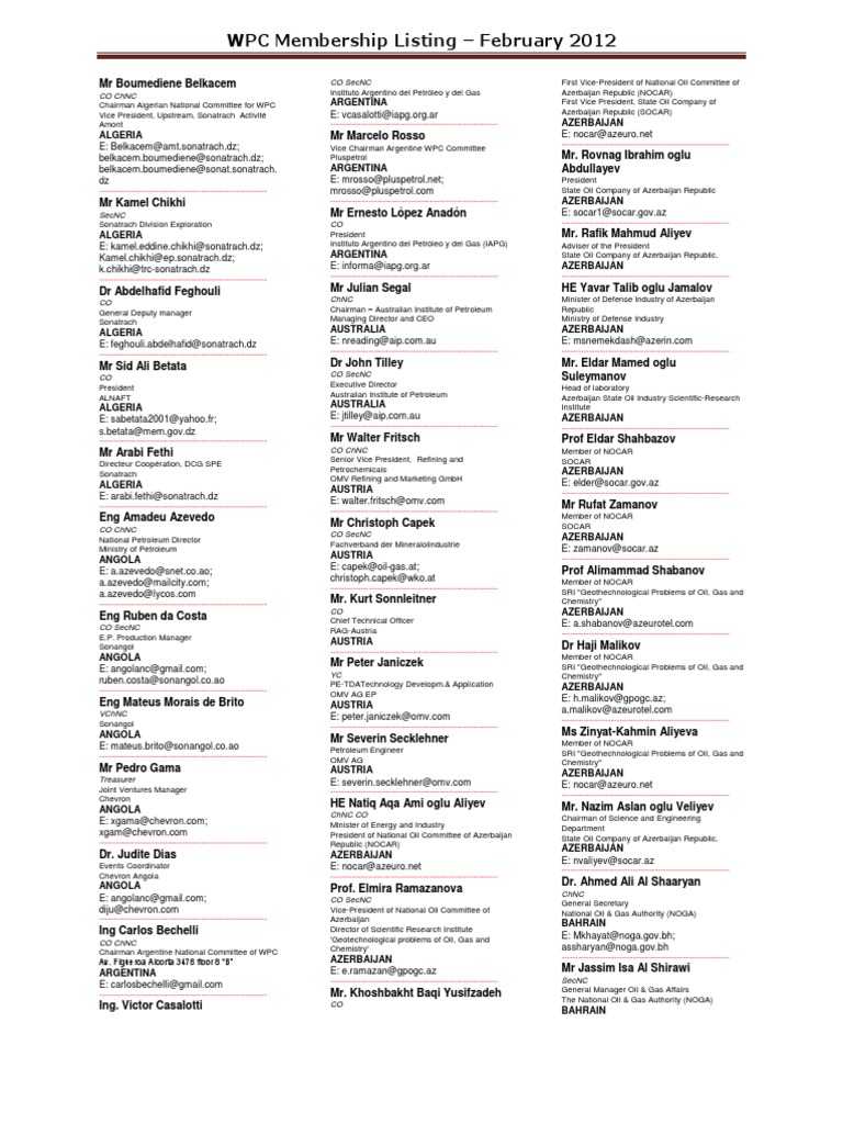 WPC Membership Listing February 2012 | PDF | Hydrocarbons | Energy Industry