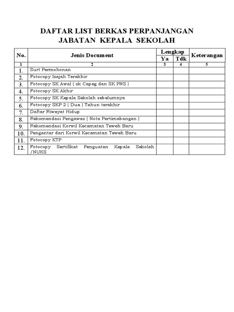 Daftar List Berkas Perpanjangan Jabatan Kepala Sekolah | PDF
