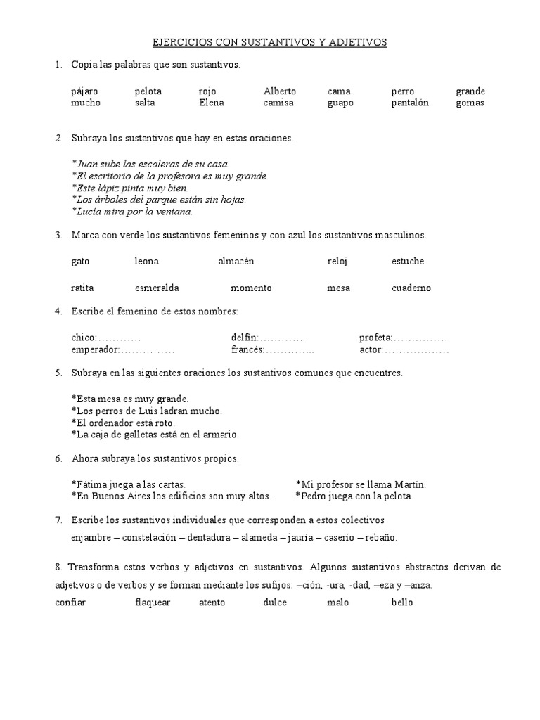 Ejercicios Con Sustantivos y Adjetivos | PDF | Sustantivo | Adjetivo