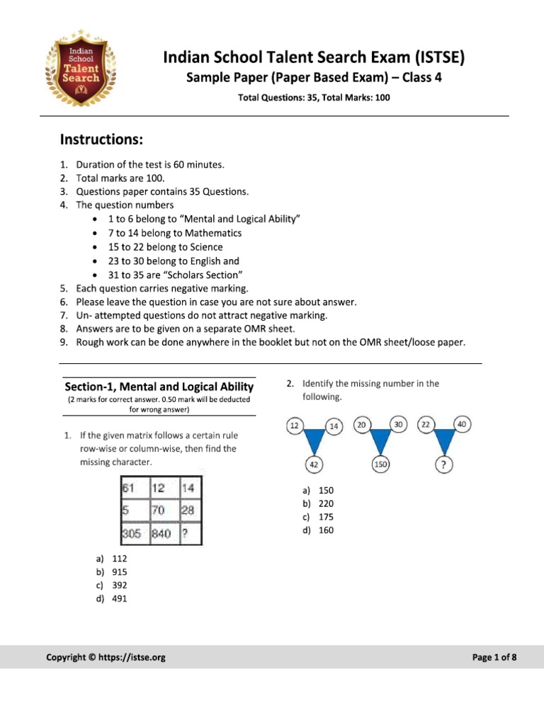 ISTSE Sample Question Paper For Class 4 | PDF