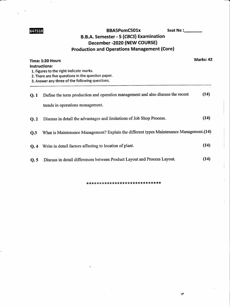 BBA 5 - Production and Operation Management - New Course - Dec - 2020 | PDF