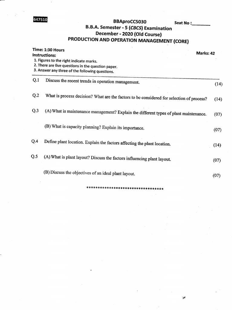 BBA 5 - Production and Operation Management - Old Course - Dec - 2020 | PDF