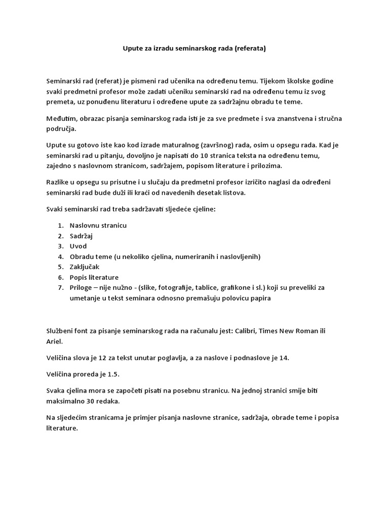 Uputa Za Izradu Seminarskog Rada | PDF