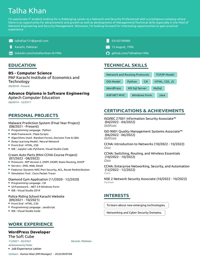 Talha's Resume | Download Free PDF | Computer Network | Cisco Certifications