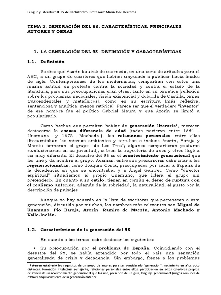Características y autores de la Generación del 98 | PDF | Ensayos | Novelas