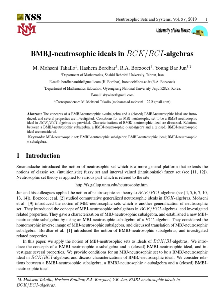 BMBJ-neutrosophic Ideals in BCK/BCI-algebras | PDF | Mathematical ...