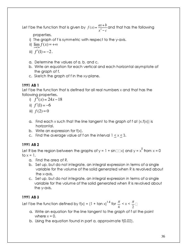 AP AB Calculus FRQ 1991 | PDF | Function (Mathematics) | Maxima And Minima