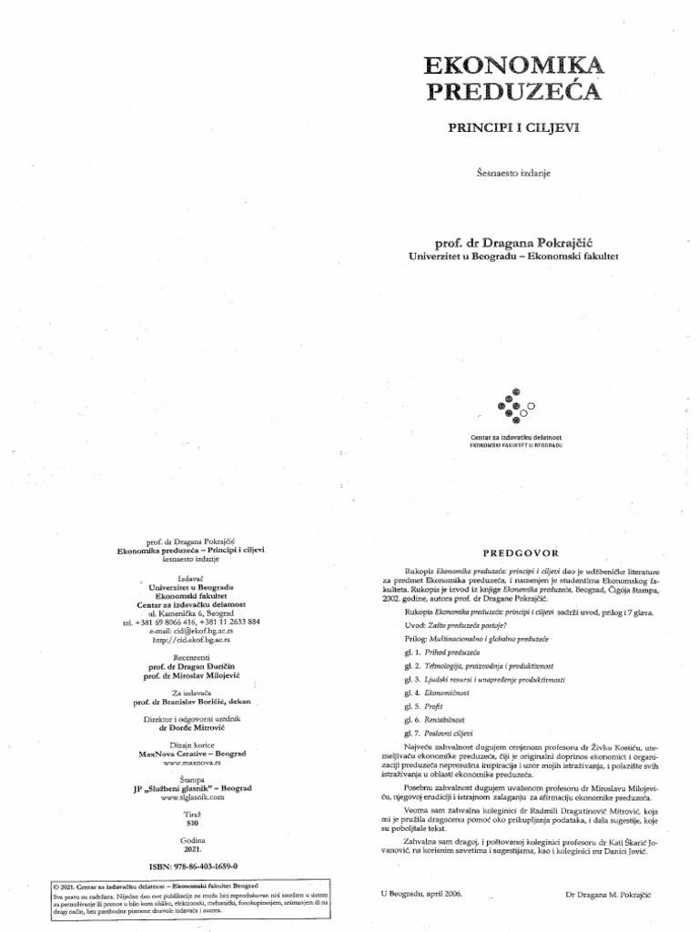 Ekonomika Preduzeca Principi I Ciljevi 2021 | PDF