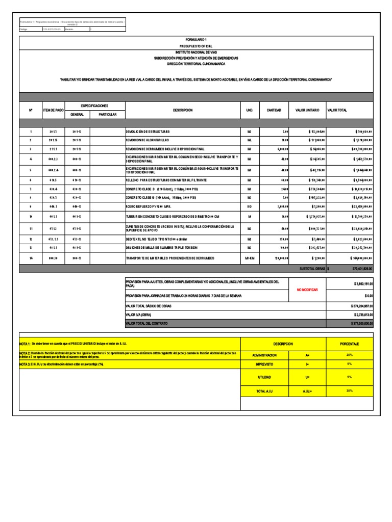 Formulario 1 Formulario de Presupuesto Oficial SA-MC-DT-CUN-003-2021 | PDF