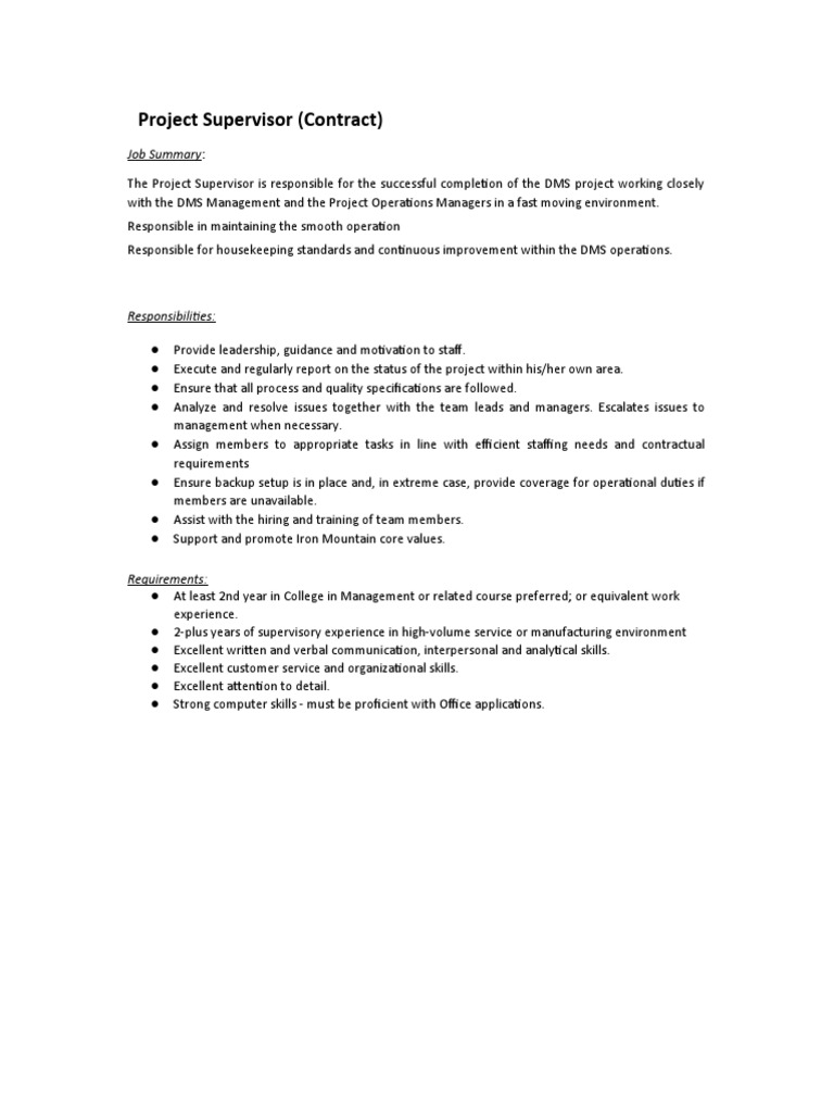 Project Supervisor Job Description | PDF