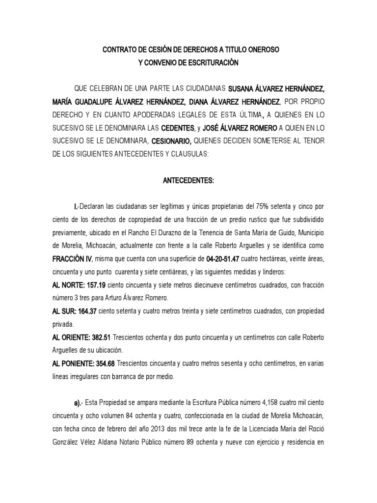 CONTRATO DE CESIÓN DE DERECHOS A TITULO ONEROSO Ultimo | PDF ...