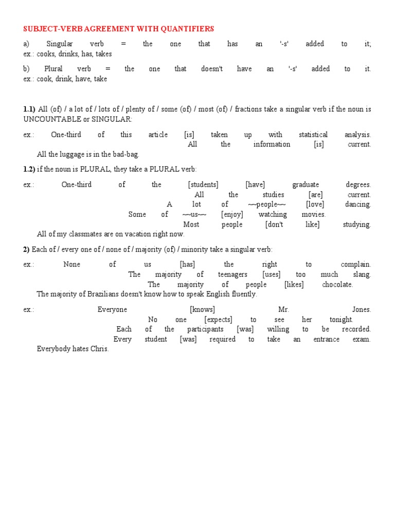 Subject-Verb Agreement With Quantifiers | PDF | Grammatical Number | Plural