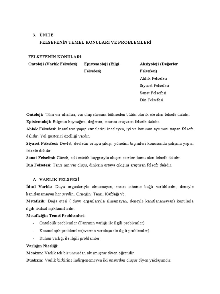 Felsefe Ders Notları 3. Ünite-1 | PDF