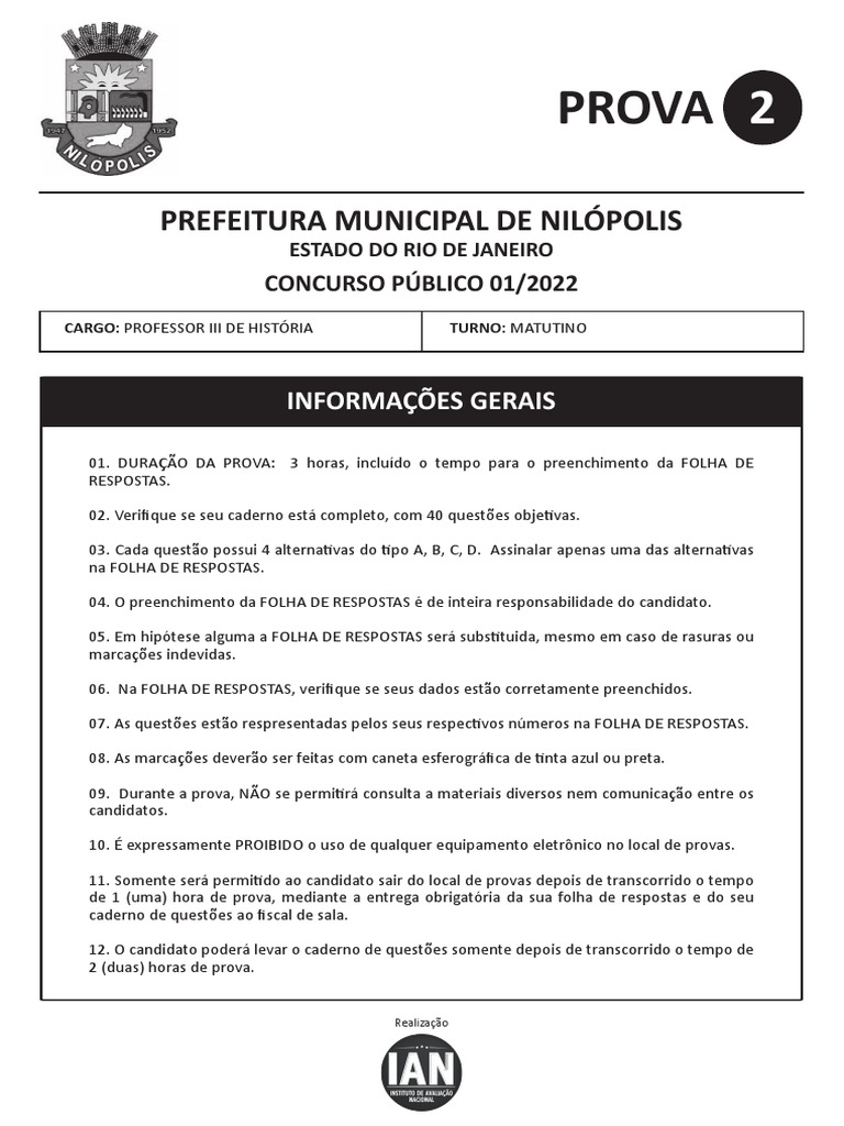 Prova 2 Ian | PDF | Pré-escola | Ensino médio