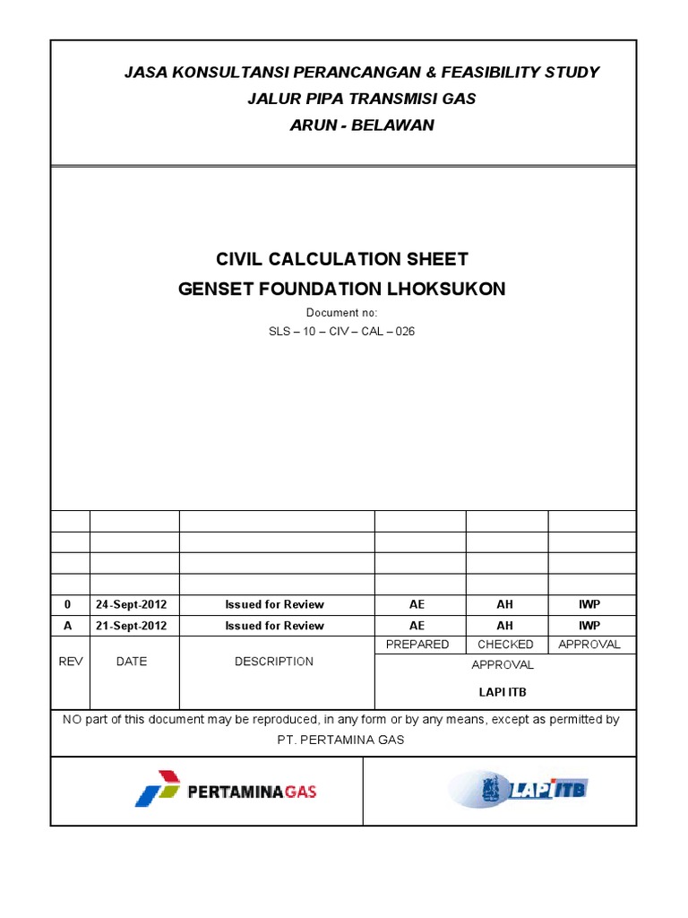 SLS-10-CIV-CAL-026 Genset Foundation Lhoksukon Rev 0 | PDF | Specification (Technical Standard ...