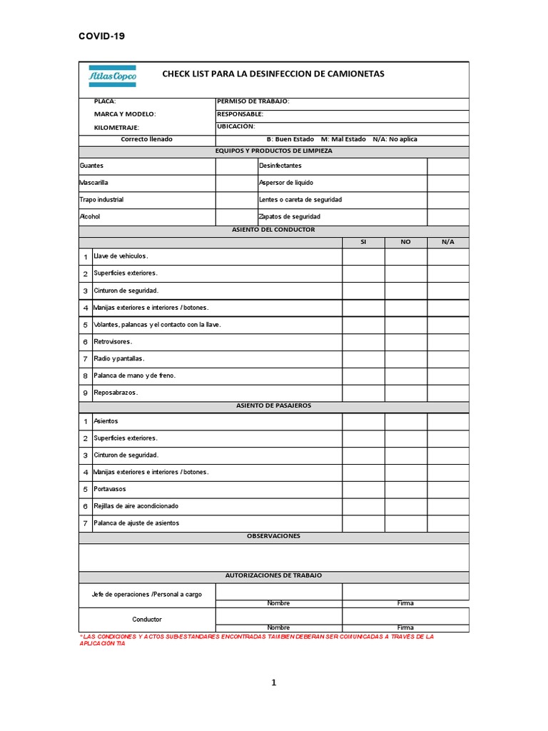 Check List de Limpieza y Desinfeccion de Las Areas Comunes y Vehículos ...