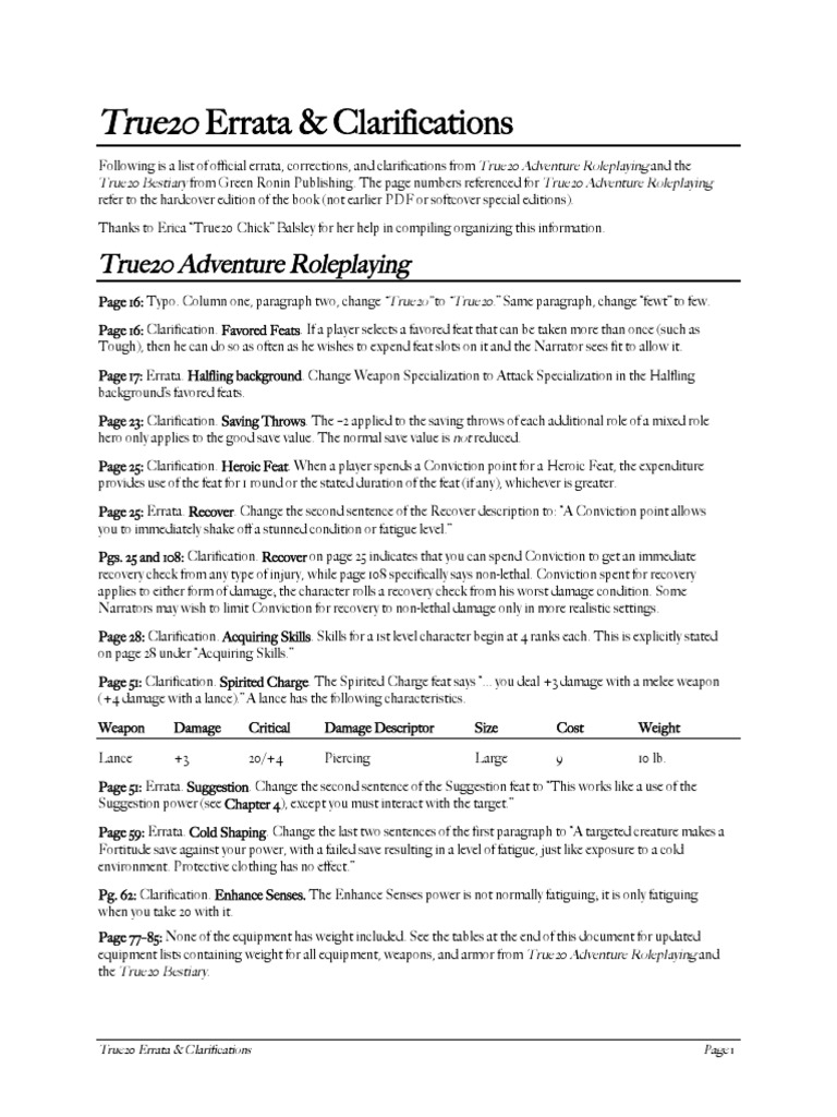 True20 Errata and Clarifications Guide | PDF | Sport Utility Vehicle | Equipment
