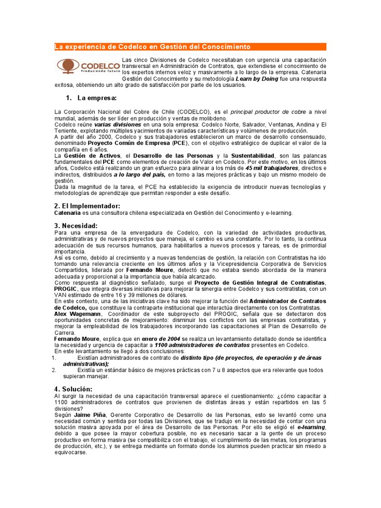 La Experiencia de Codelco en Gestión Del Conocimiento | PDF | Conocimiento administrativo