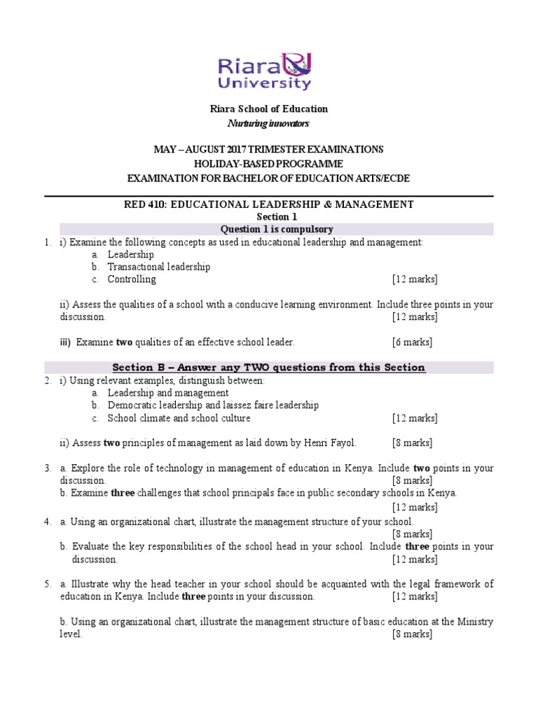 Educational Leadership Exam Overview | PDF | Leadership | Cognition