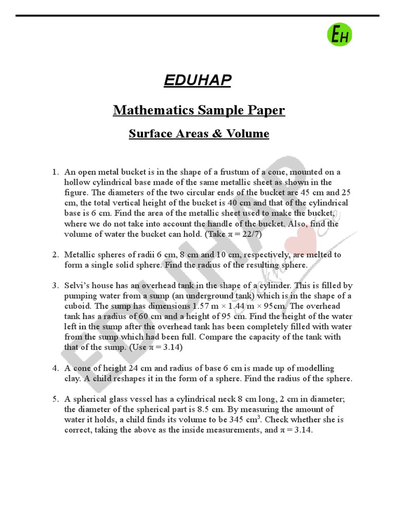Surface Area and Volume Sample Paper | PDF | Sphere | Volume