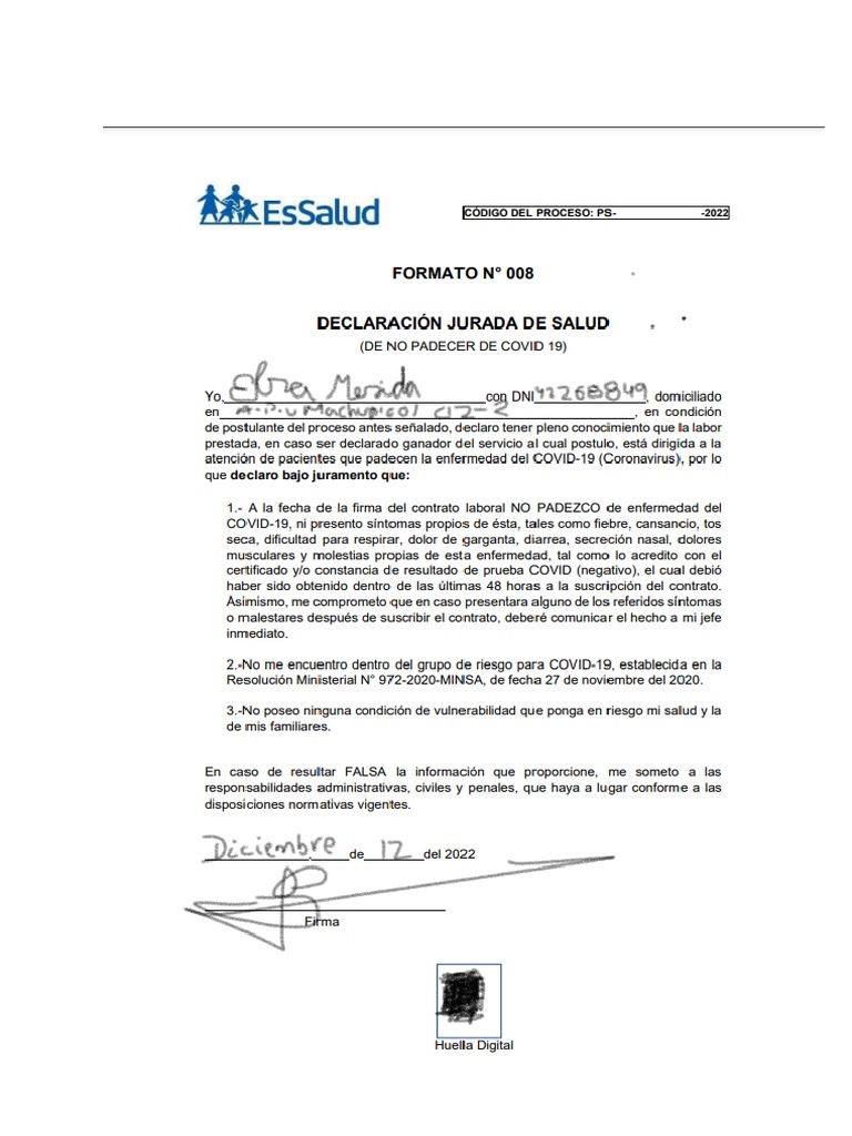 Constancia Aseguramiento de Salud o Declaracion Jurada | PDF
