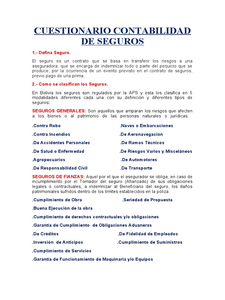 Cuestionario Contabilidad de Seguros | PDF | Póliza de seguros | Seguro