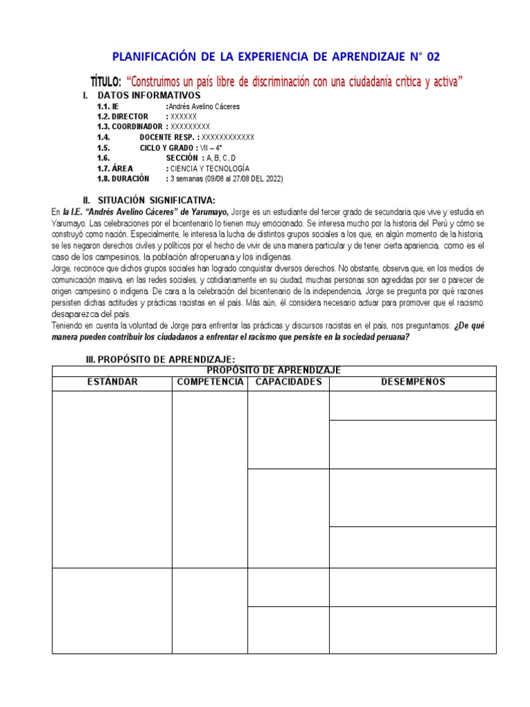 PLANIFICACIÓN DE EXPERIENCIA DE APRENDIZAJE #02 CyT | PDF | Aprendizaje | Racismo