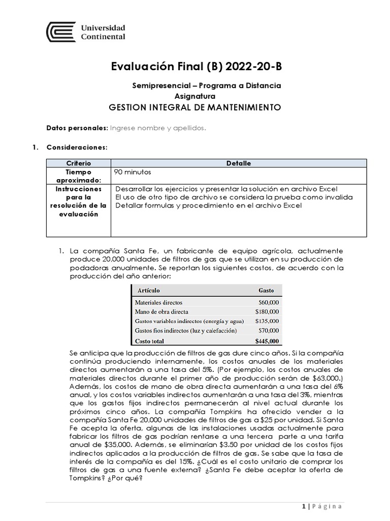 Examen Final (B) Gestion Integral Mantenimiento 2022 Susti | PDF ...