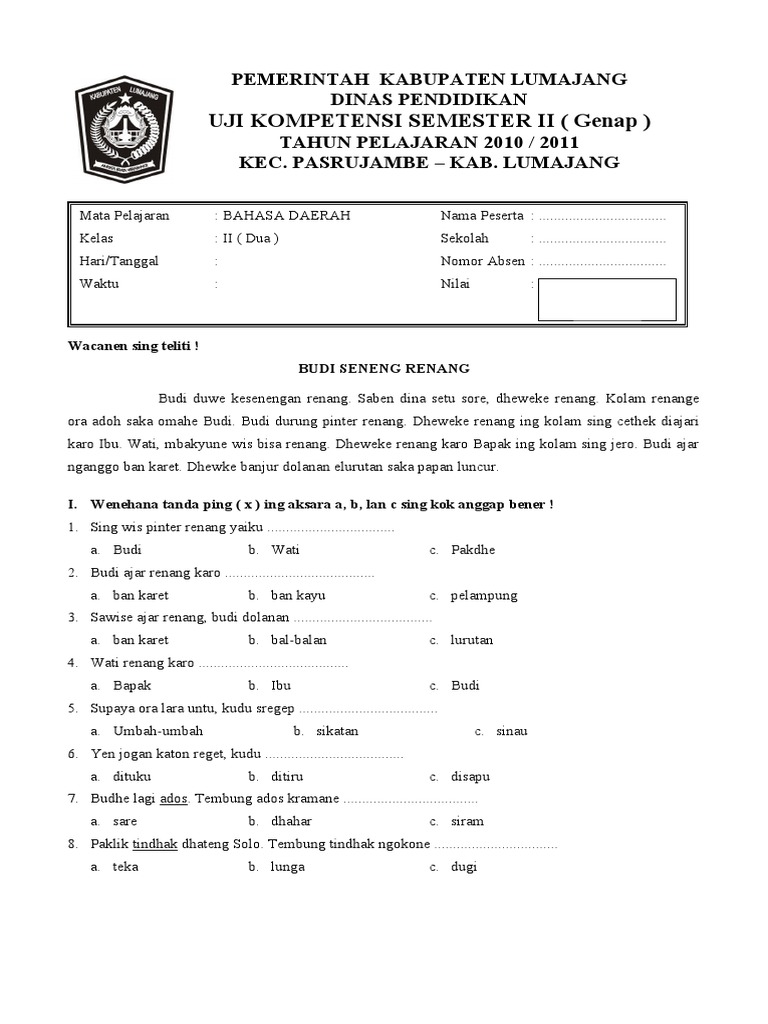 Uji Kopetensi Bhs Daerah Kls II | PDF
