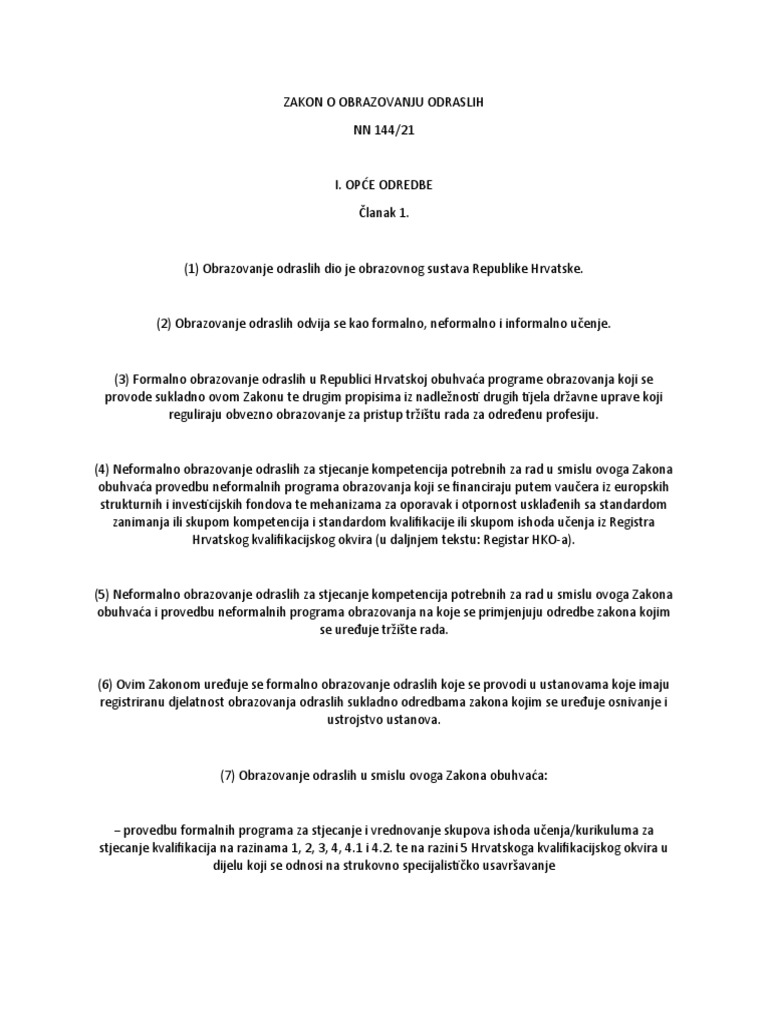 Zakon o Obrazovanju Odraslih NN 14421 | PDF