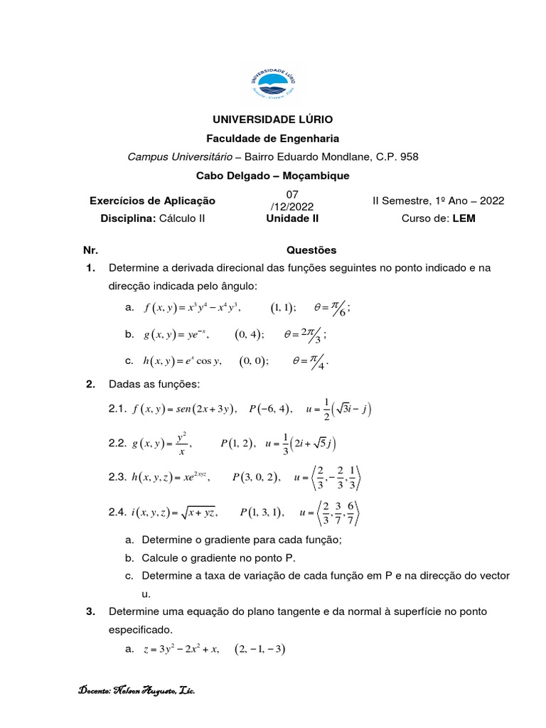 Ficha de Exercicios 3 Derivadas Direcionais - 061440 | PDF | Derivado ...