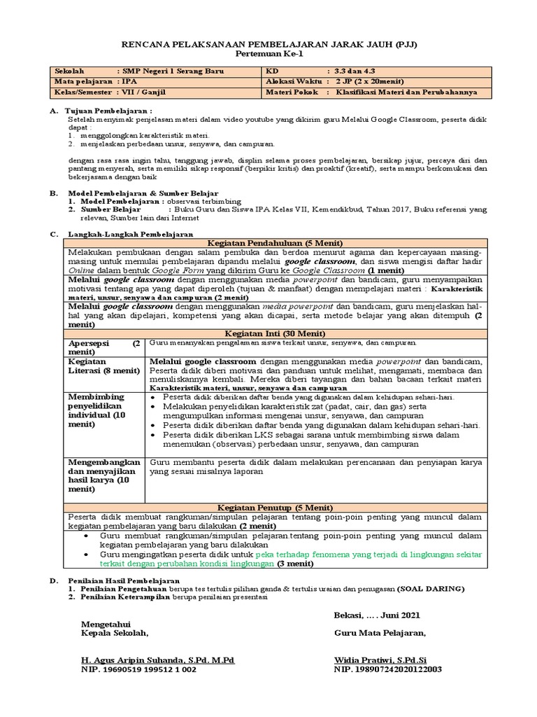 RPP Klasifikasi Materi Dan Perubahannya | PDF