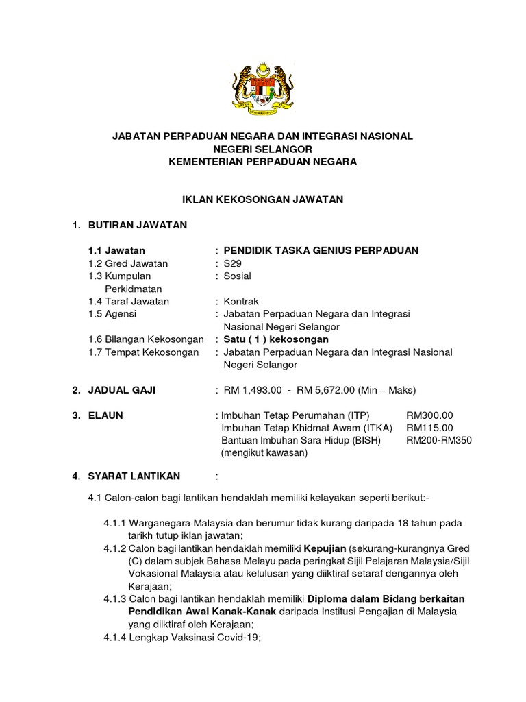 Iklan Jawatan Kosong Pendidik Taska Genius Perpaduan S29 (Kontrak) | PDF