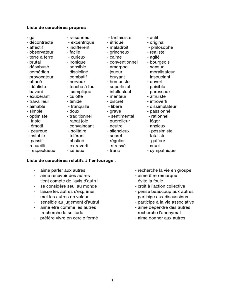 Liste des traits de caractère psychologiques | PDF | Psychologie