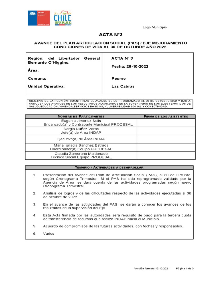 Acta N 3. Avance Del Plan Articulación Social (PAS) | PDF
