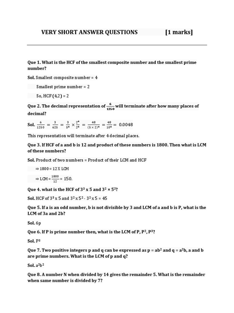 HCF and LCM Short Answer Solutions | PDF | Numbers | Mathematical Concepts