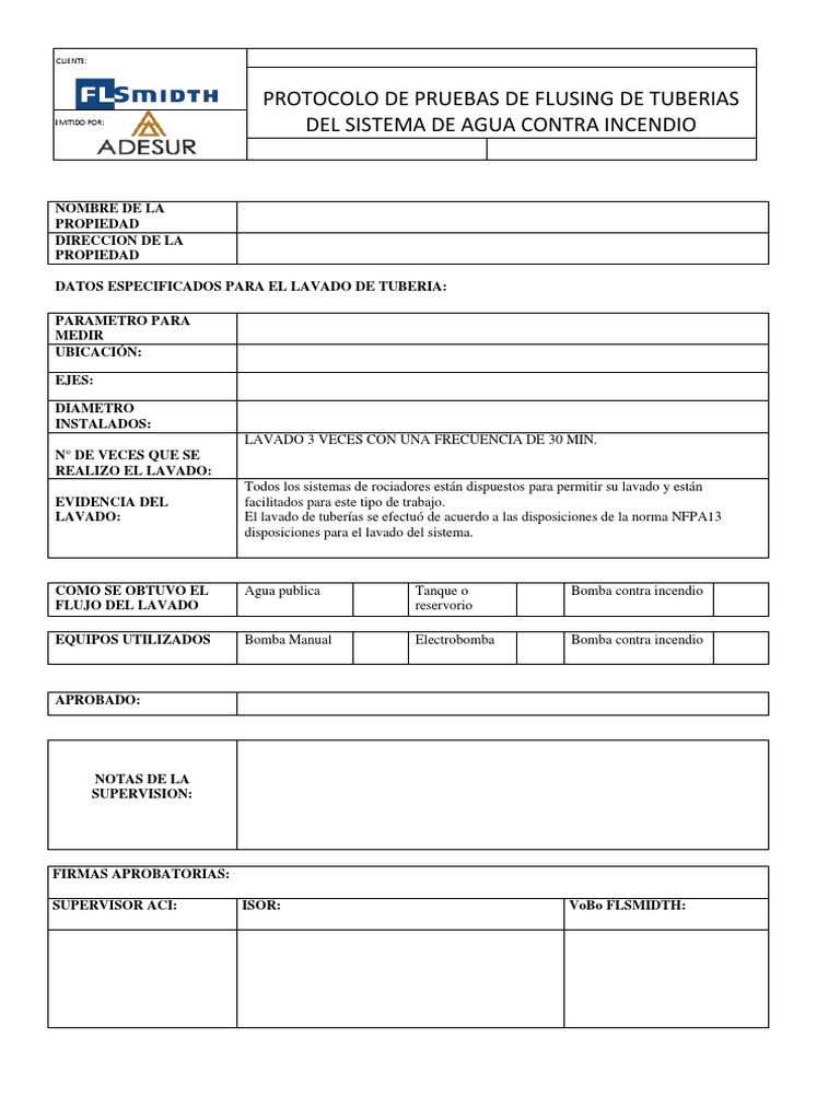 Protocolo de 'Pruebas Flusing Flsmidth Formato | PDF