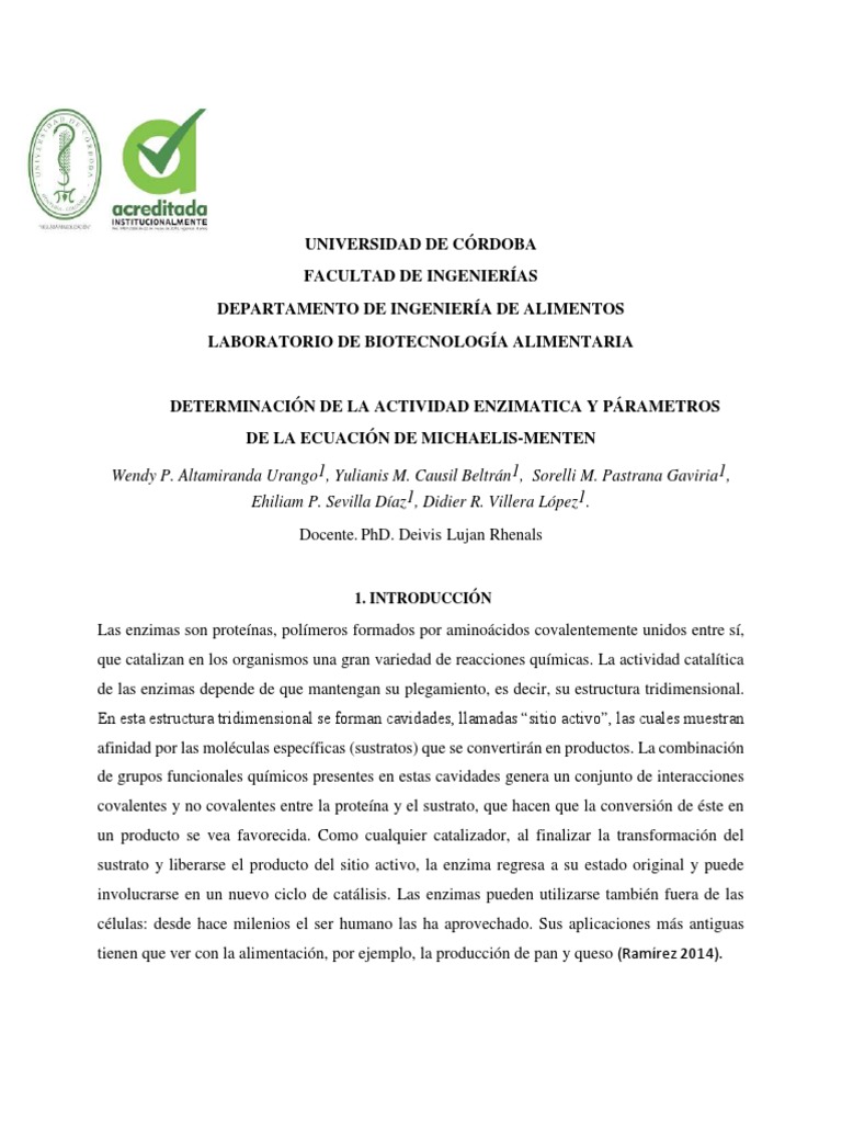 Informe 9, Determinacion de La Actividad Enzimatica y Parametros de La Ecuacion de M-M ...