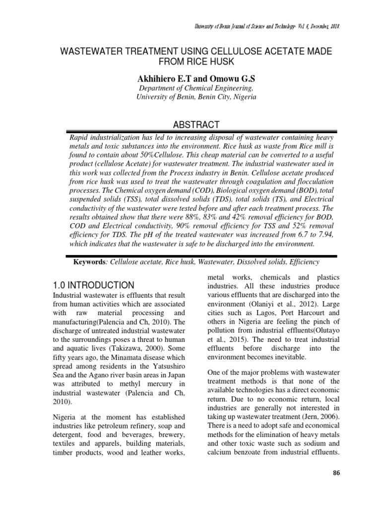 Wastewater Treatment Using Cellulose Acetate Made From Rice Husk | PDF | Adsorption | Acetic Acid
