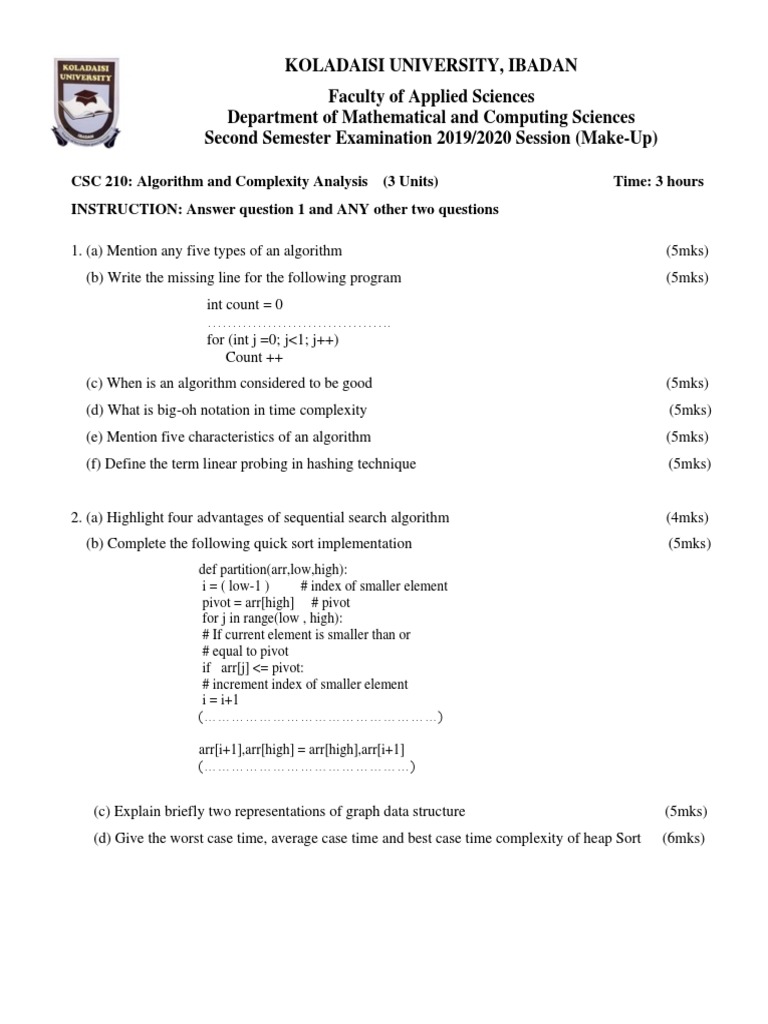CSC 210 (Exam) 2019-2020 BATCH (B) | PDF | Algorithms | Applied Mathematics