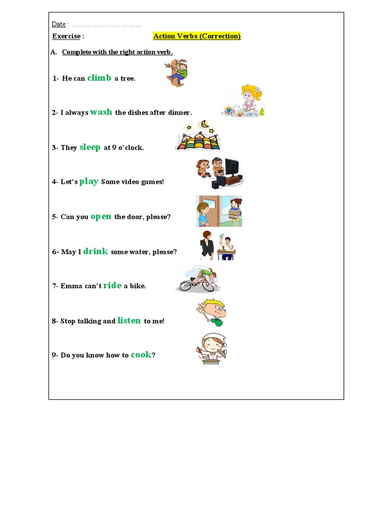 Correction - Action Verbs Exercises | PDF