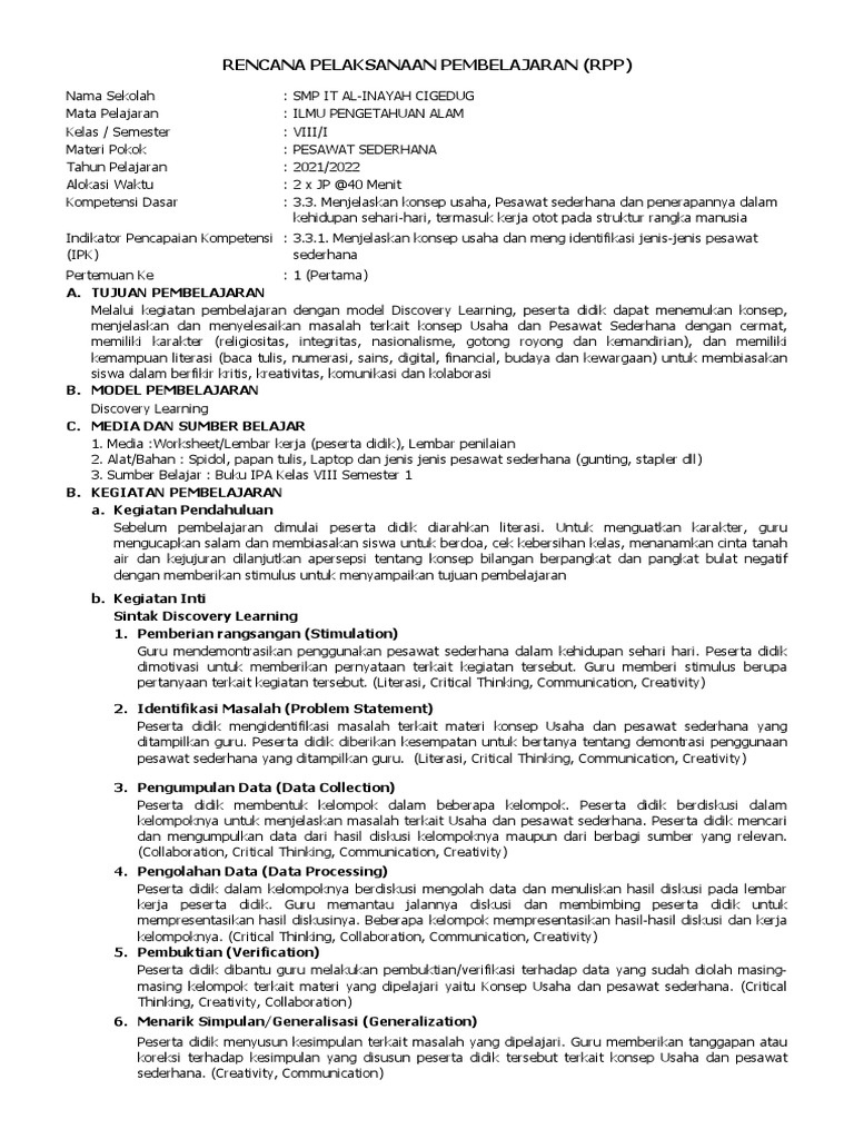 RPP Usaha Dan Pesawat Sederhana Kelas Viii | PDF | Karier ...