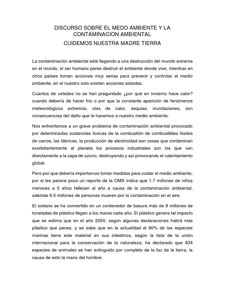 Discurso Sobre El Medo Ambiente y La Contaminacion | PDF ...
